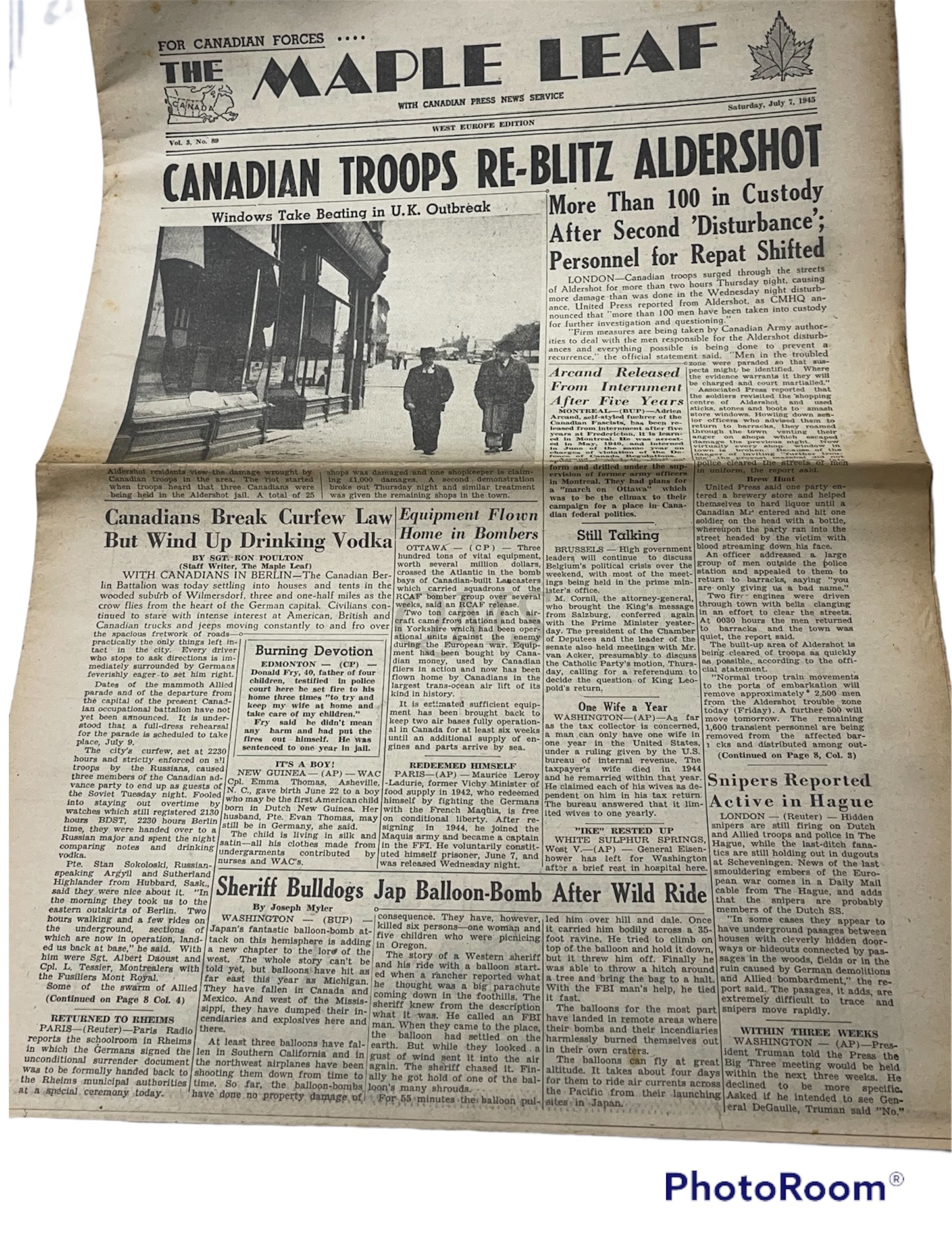 Newspaper, The Maple Leaf, for Canadian forces Vol 3 no 89, July 7. 1945