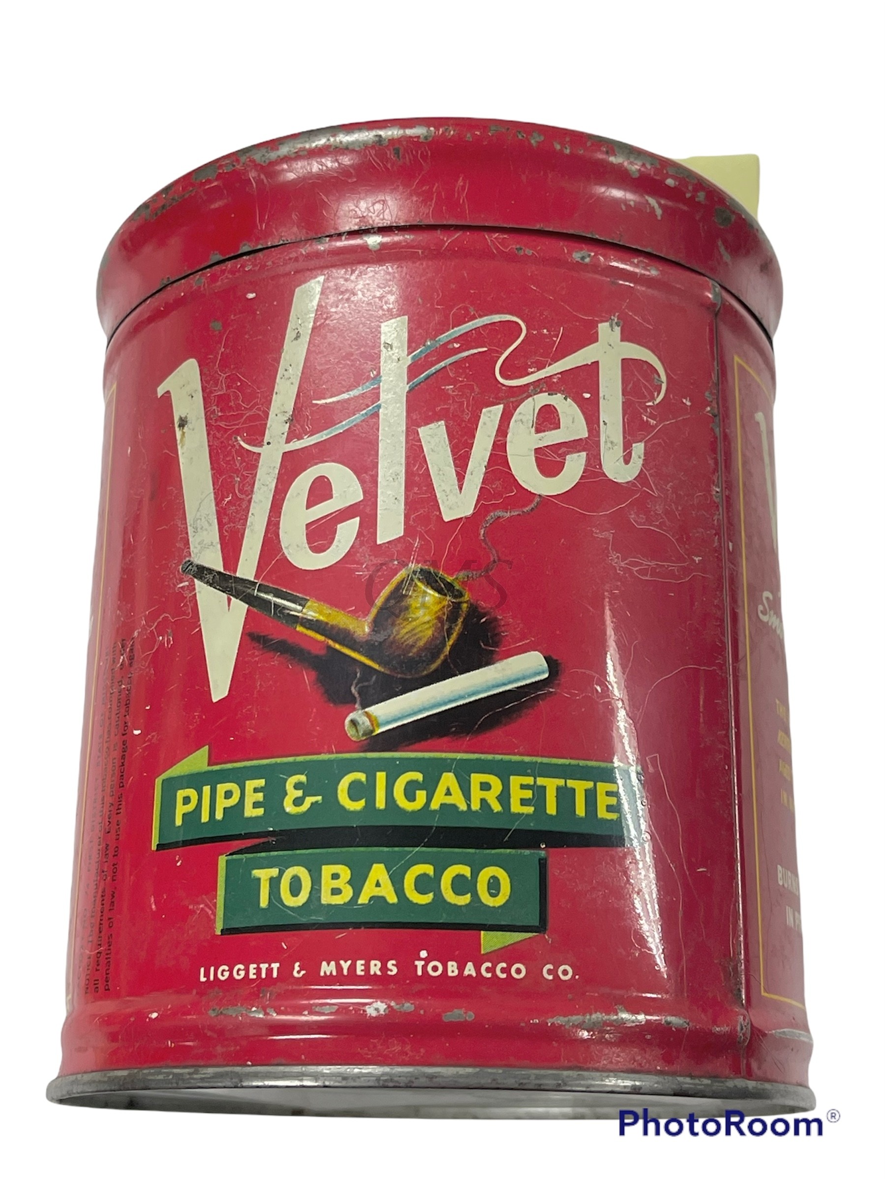 WW2 period Large round tin Velvet pipe and cigarettes tobacco