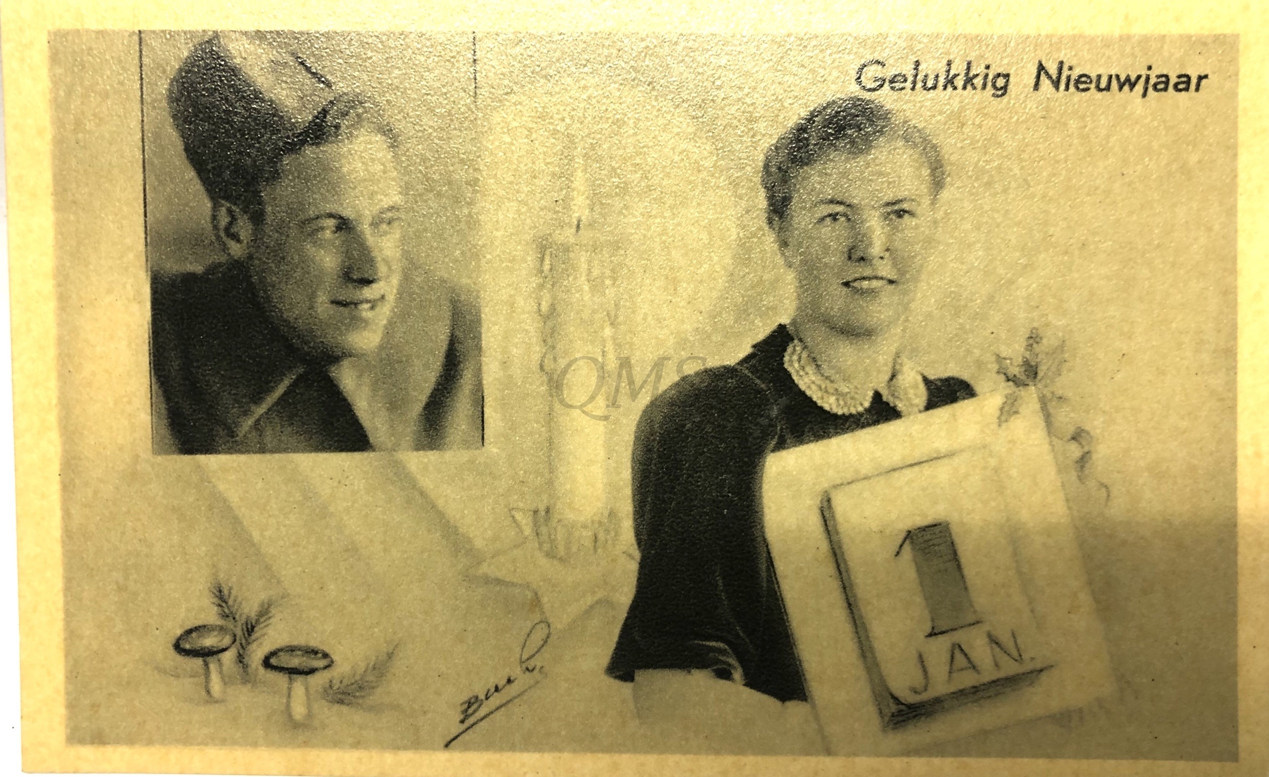Prent briefkaart mobilisatie 1940 Gelukkig Nieuwjaar Vrouw soldaat ...