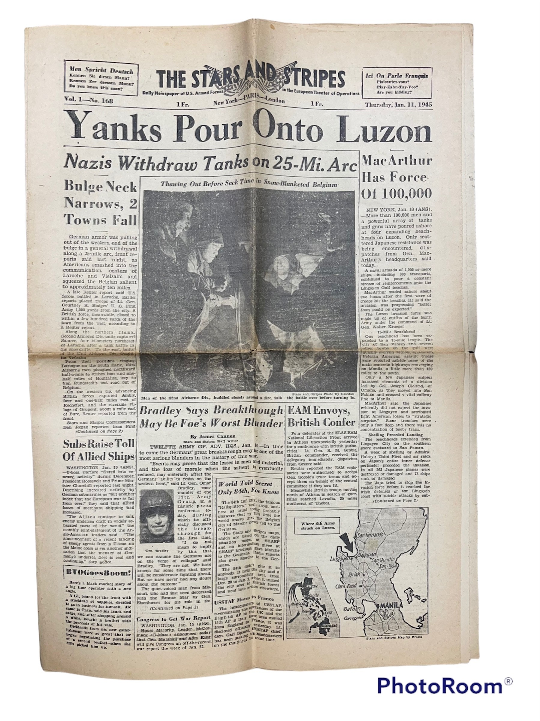 Newspaper Stars and Stripes vol 1 no 168, thursday 11 jan 1945