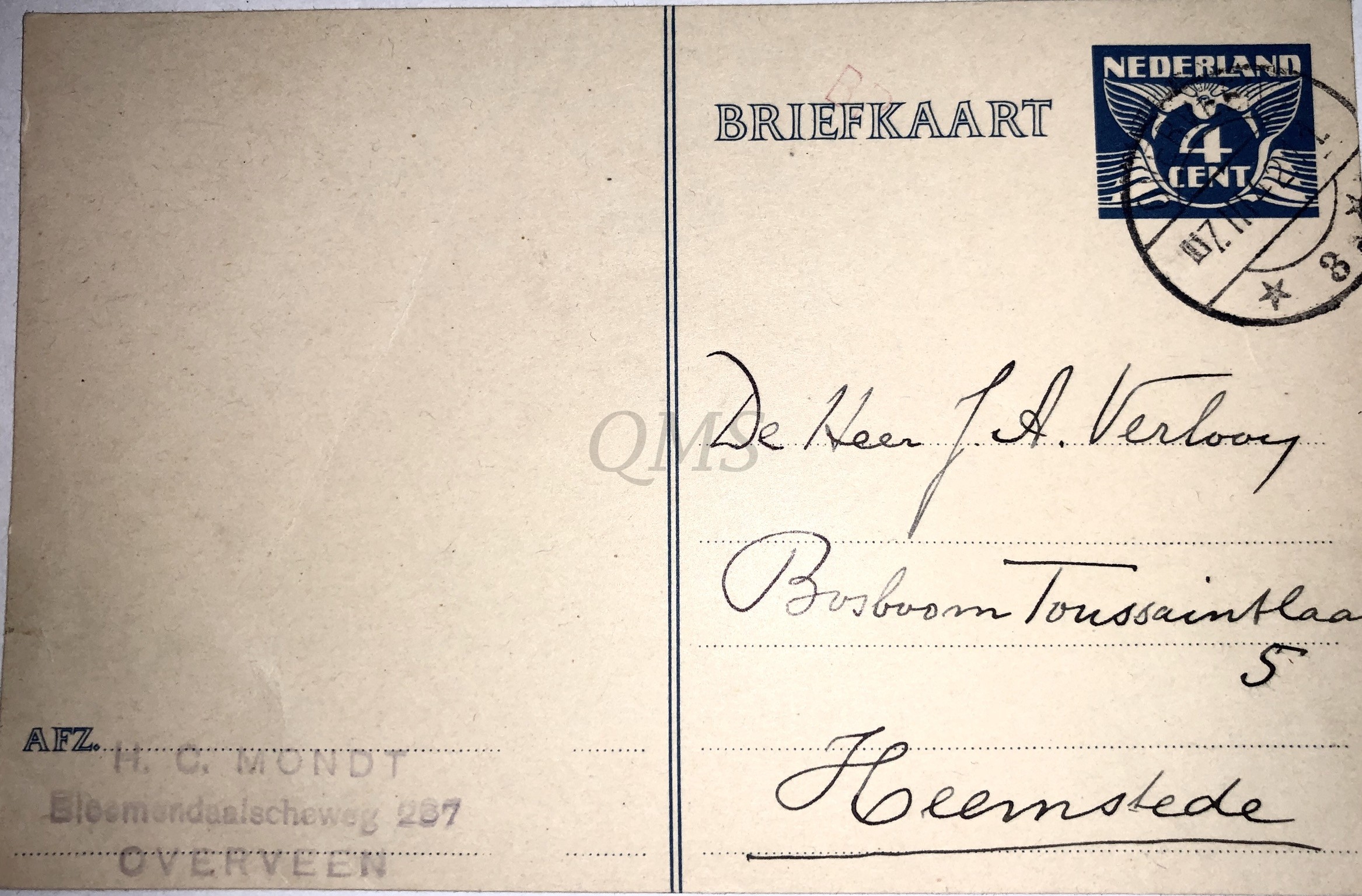 Briefkaart 1942 met 4 cent postzegel