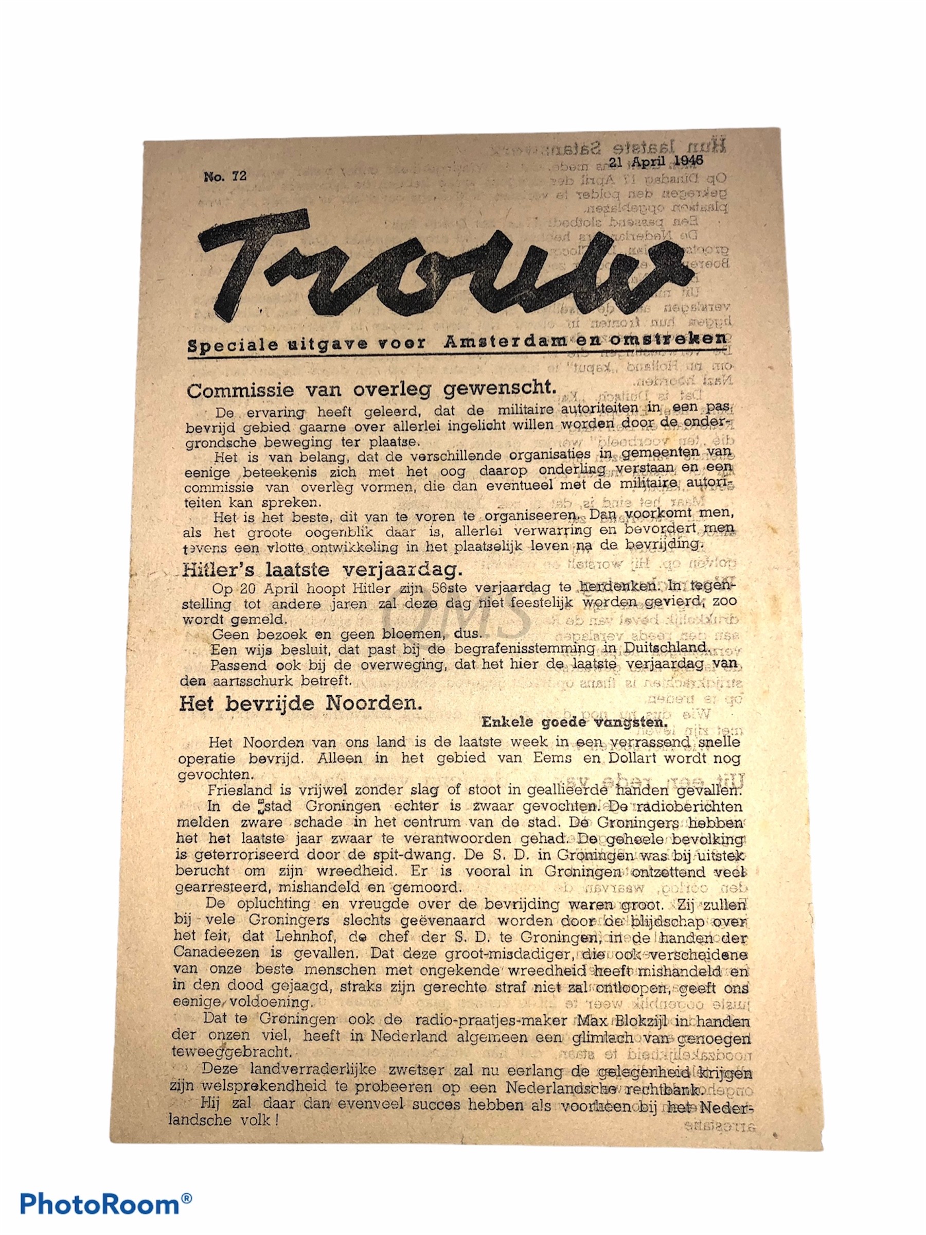 Krant Trouw no 72, 21 april 1945