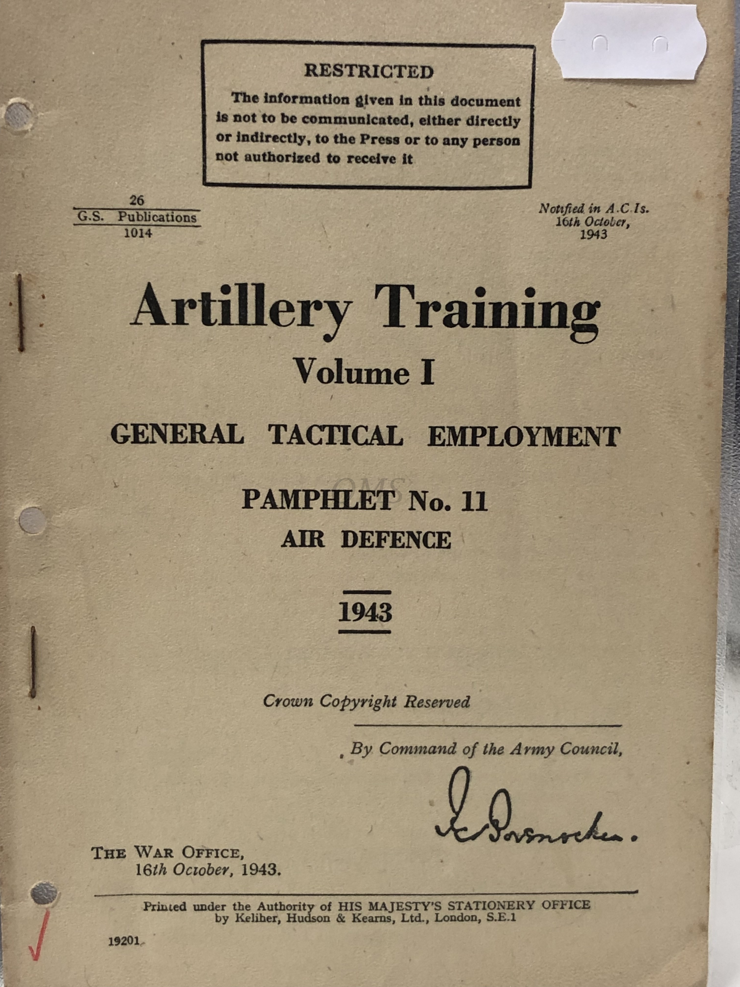 Pamphlet no 11 General Tactical Employment, vol 1 Air Defence 1943 ...
