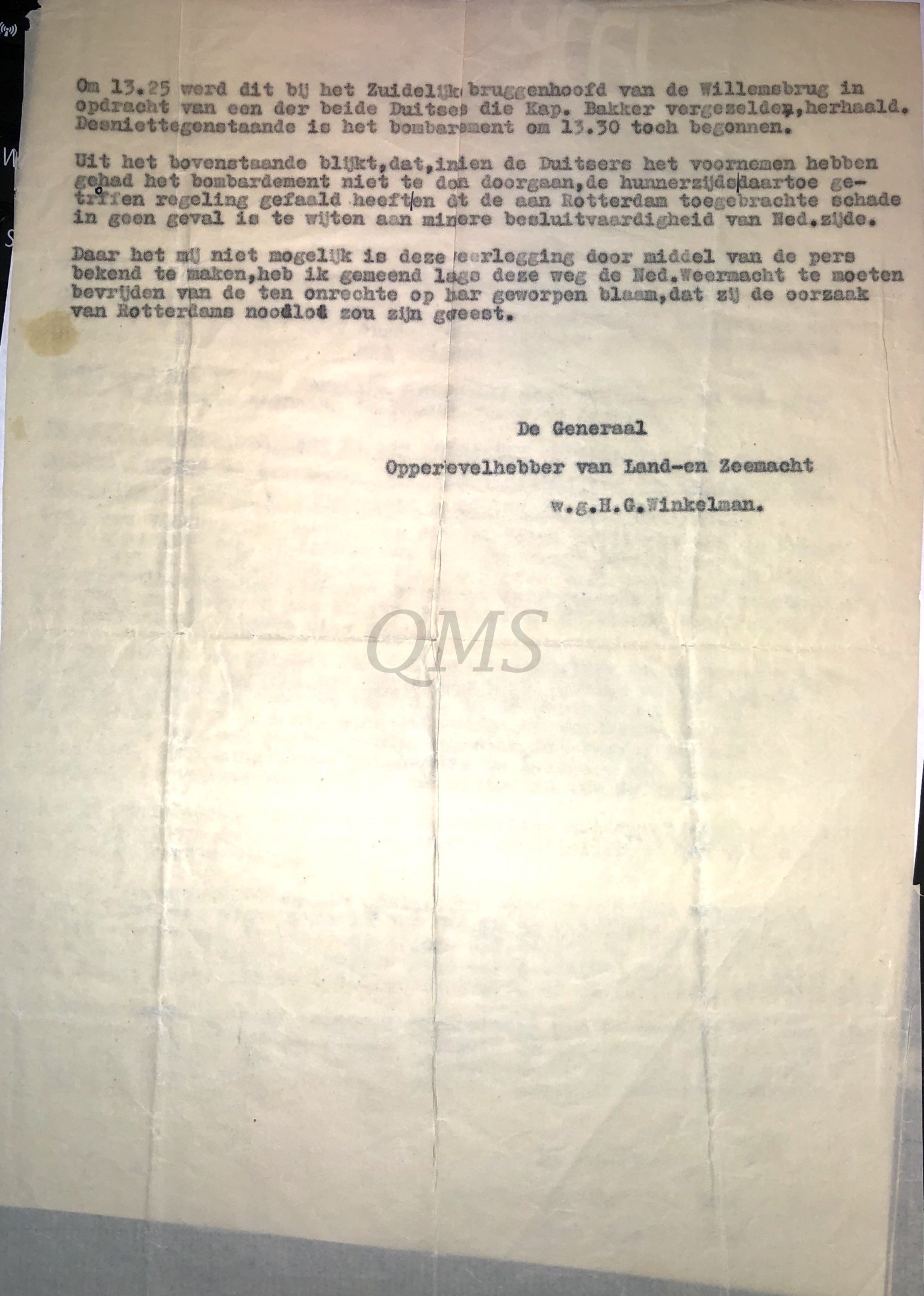 Open brief Generaal Winkelman 27 juni 1940 aan Gemeente Rotterdam