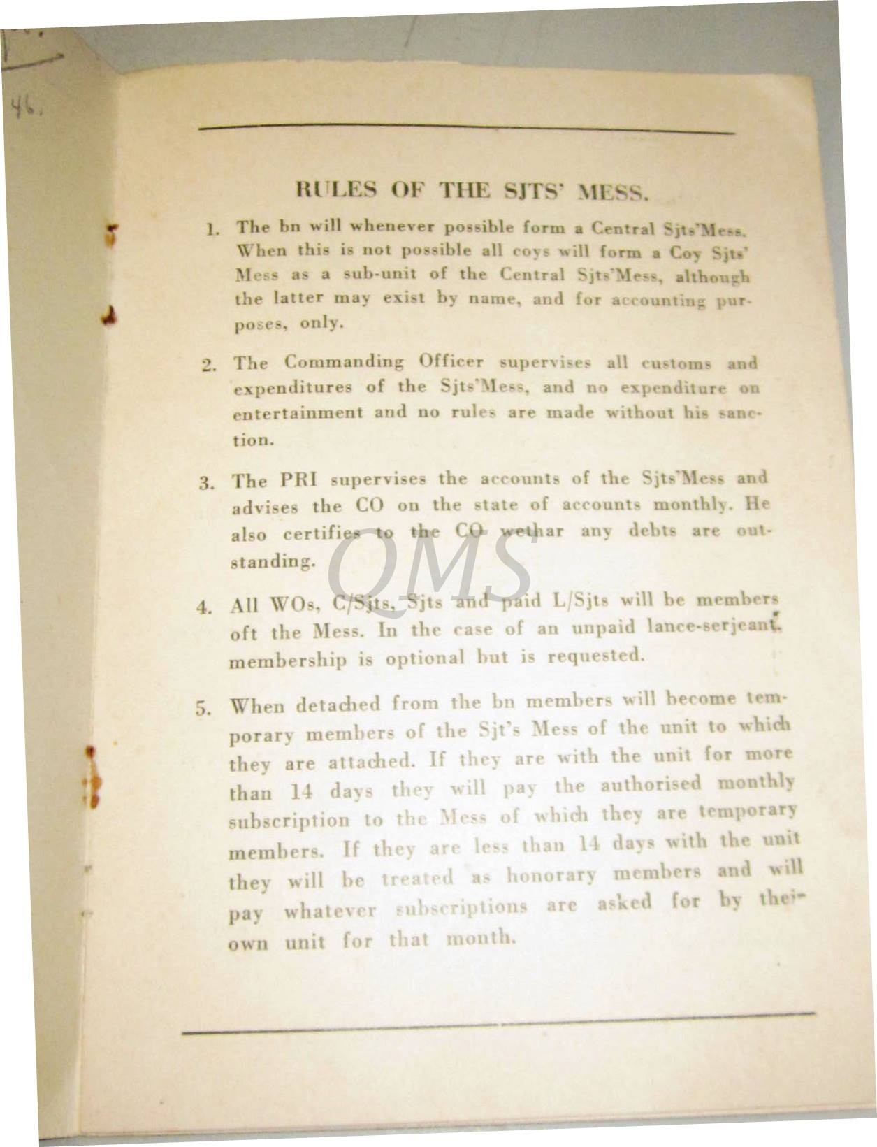 Rules of the sergeants' Mess 9th BN. the Cameronians (Scottish Rifles)