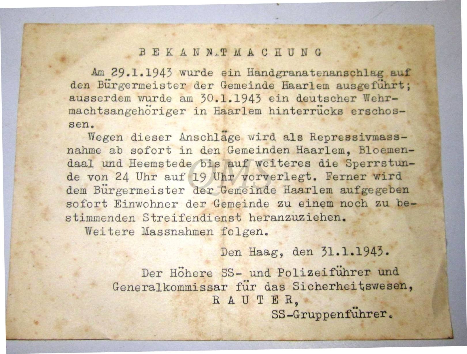 Flyer Bekanntmachung Haarlem 1943 SS Rauter