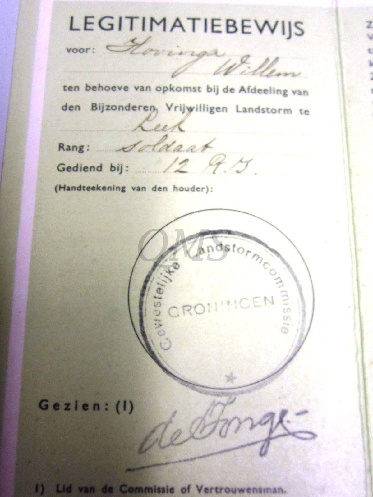 Legitimatie bewijs Bijzonder Vrijwillige Landstorm (B.V.L.) Leek Groningen