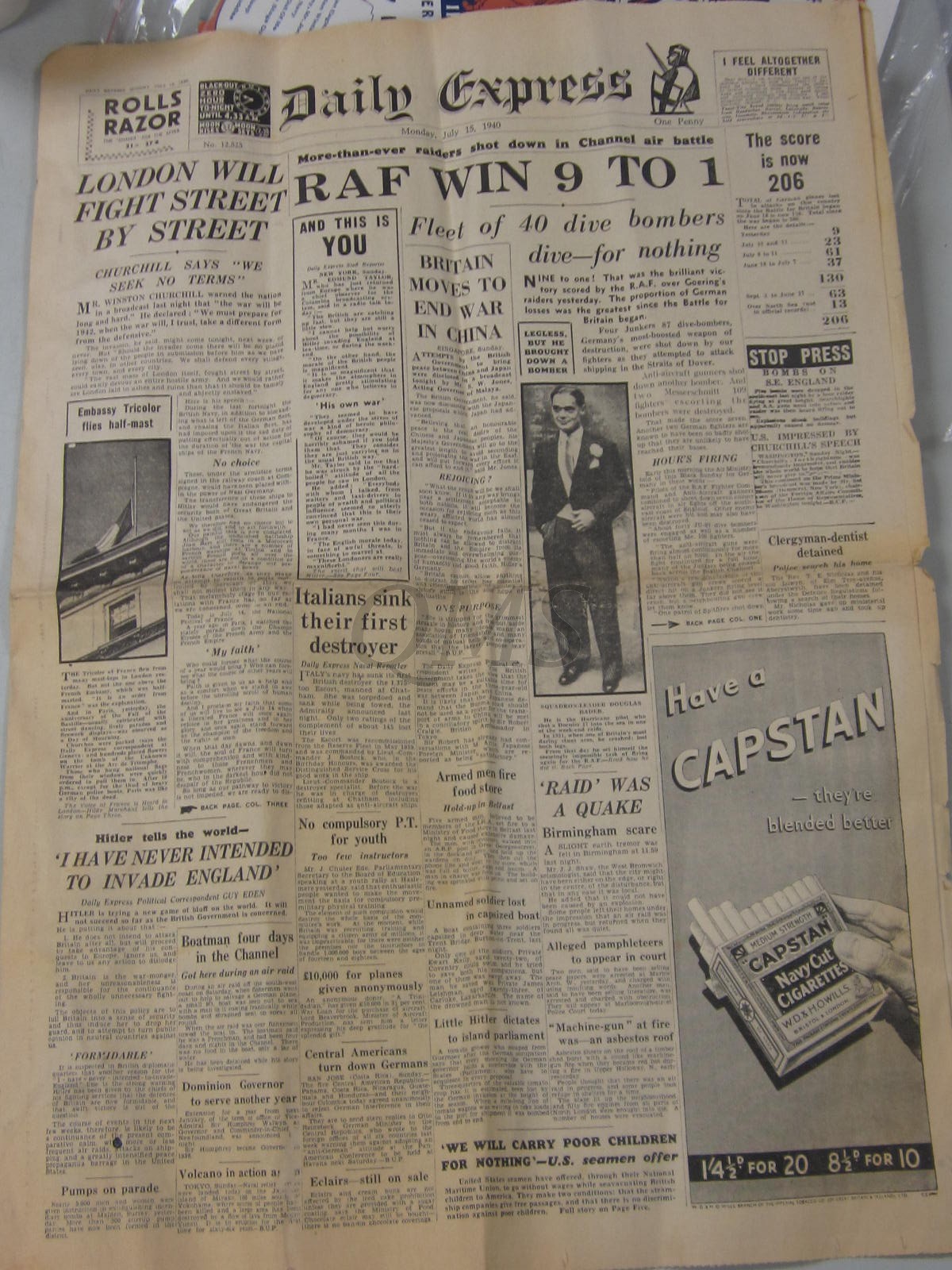 Newspaper Daily Express 15 july 1940