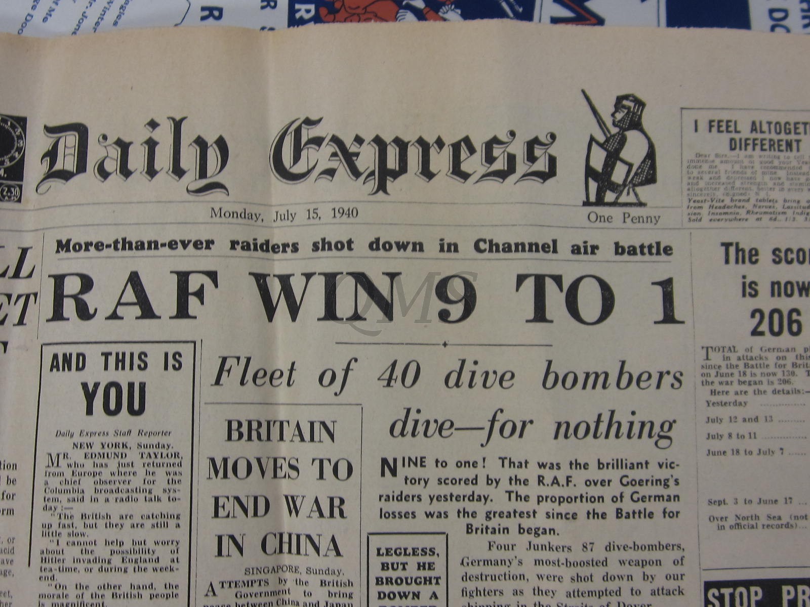 Newspaper Daily Express 15 july 1940