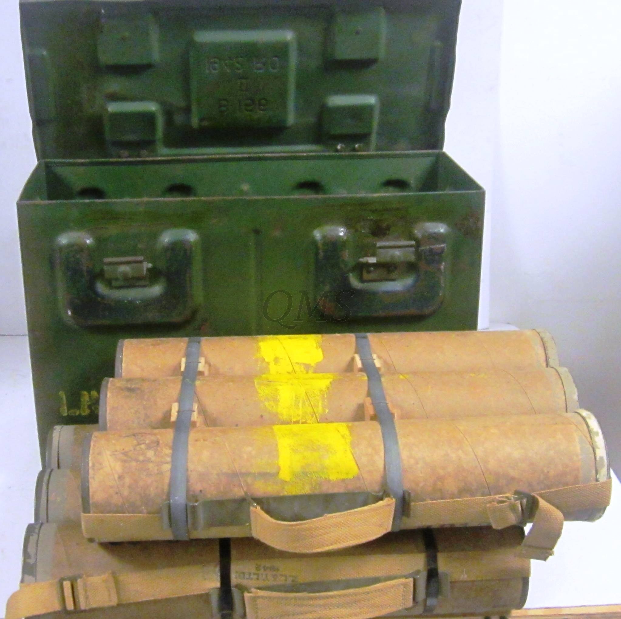 3-Inch SMOKE Mortar Bomb Box with 2 Canadian 3inch mortar tube carriers ...