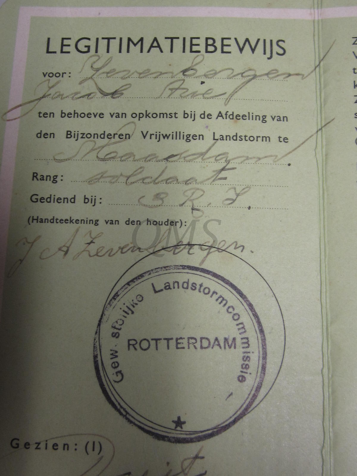 Legitimatie bewijs Bijzonder Vrijwillige Landstorm (B.V.L.)