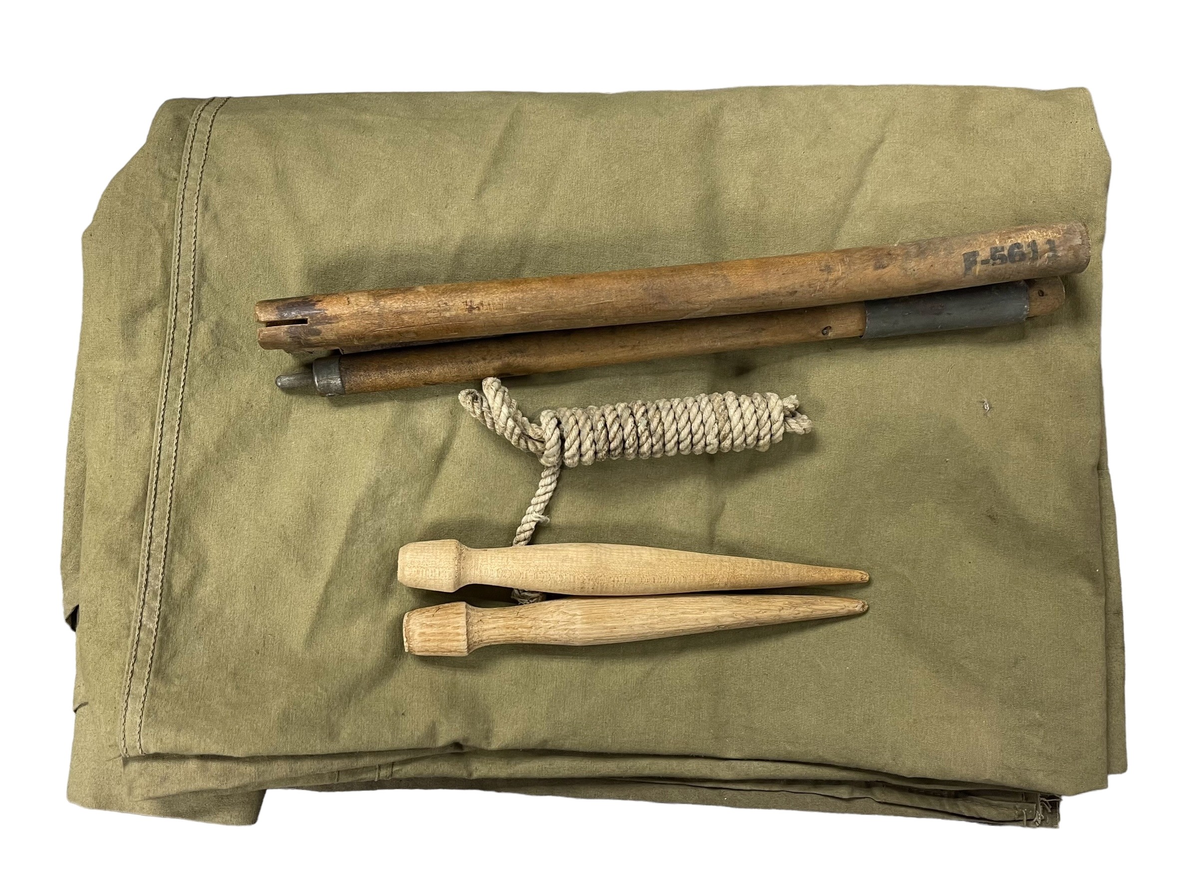 US Army O.D. 2nd model Pup Tent Shelter Half with 2 pegs and pole