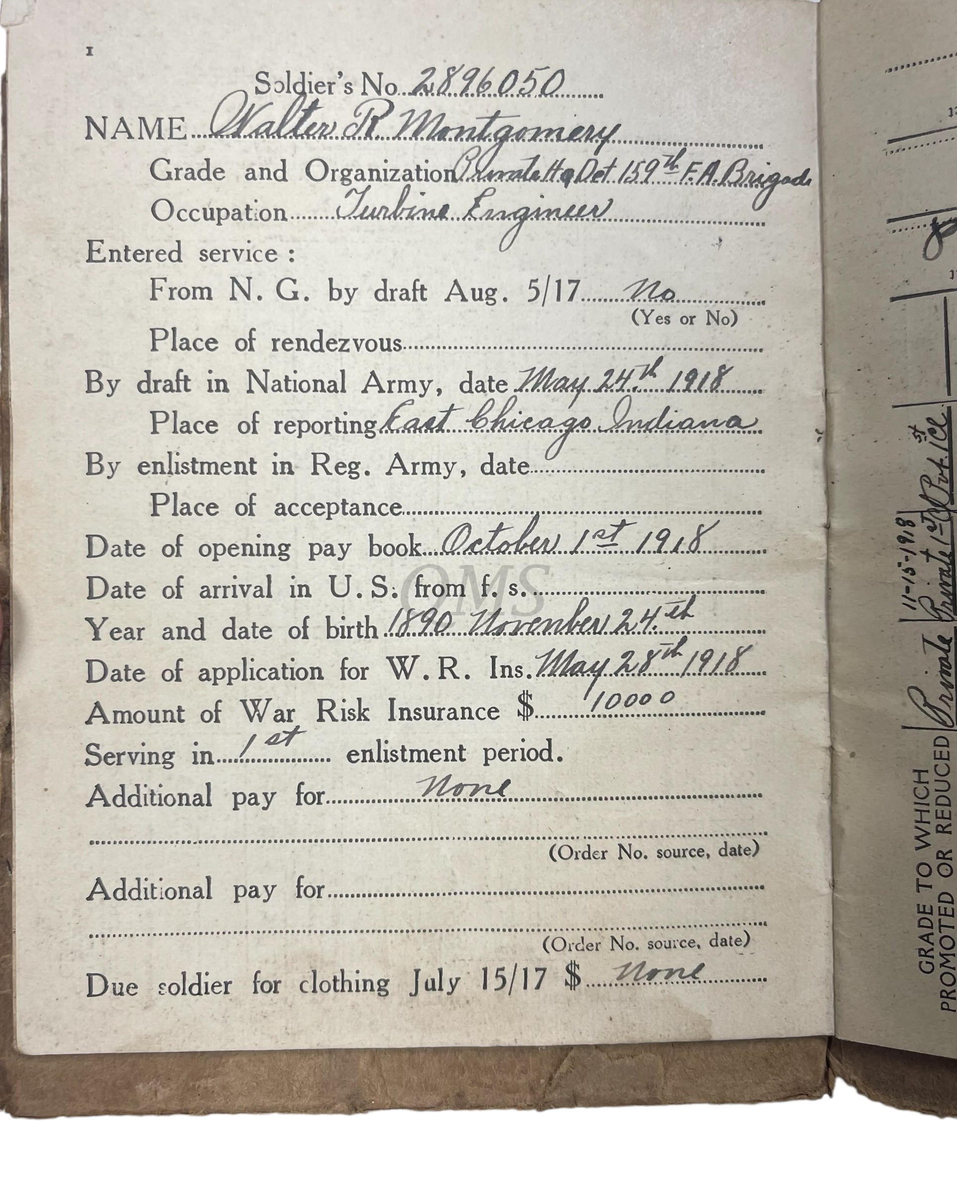 US Army WW1 Individual Pay Record book