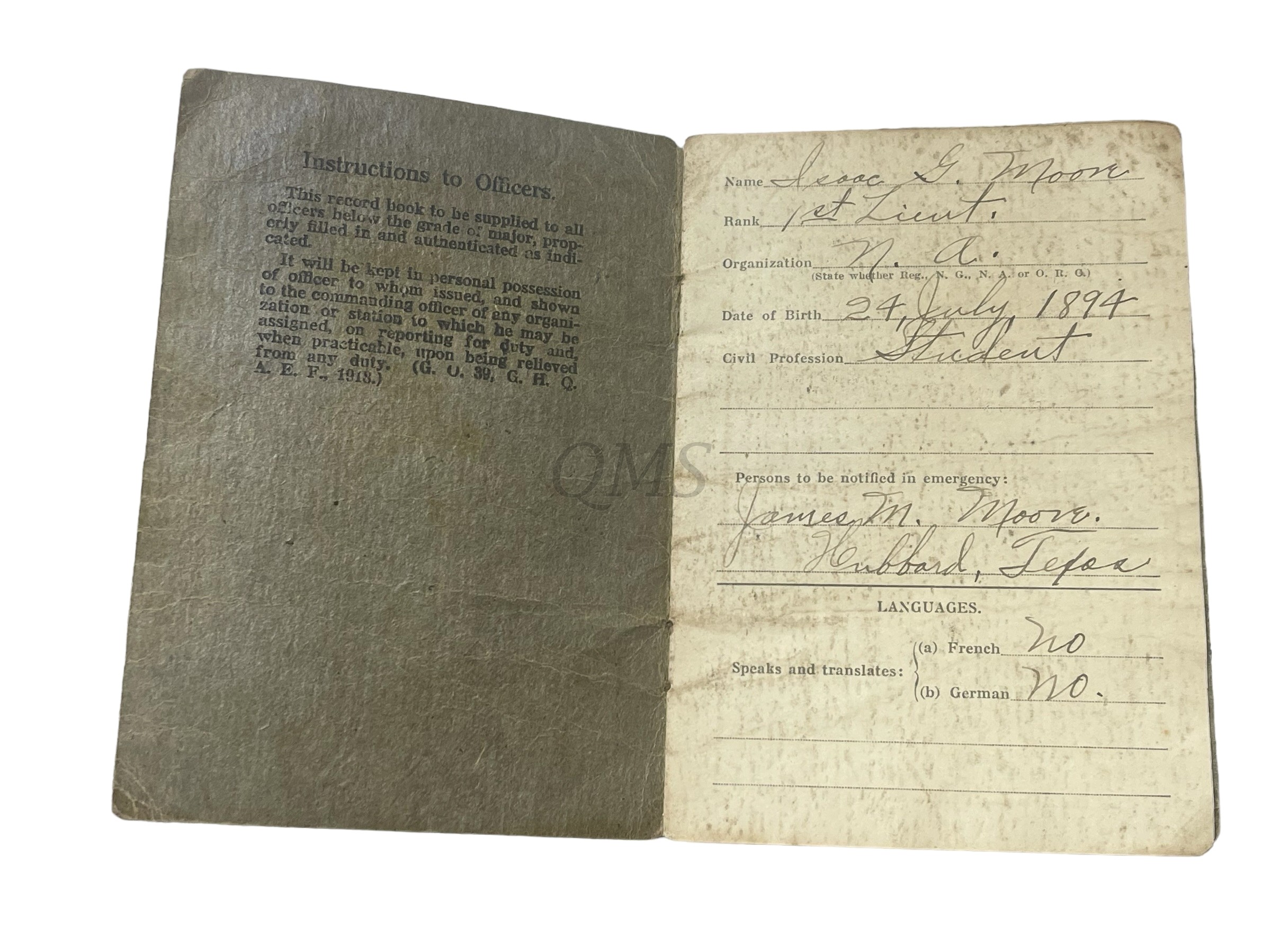 Booklet - US Army WW1 Officers record book