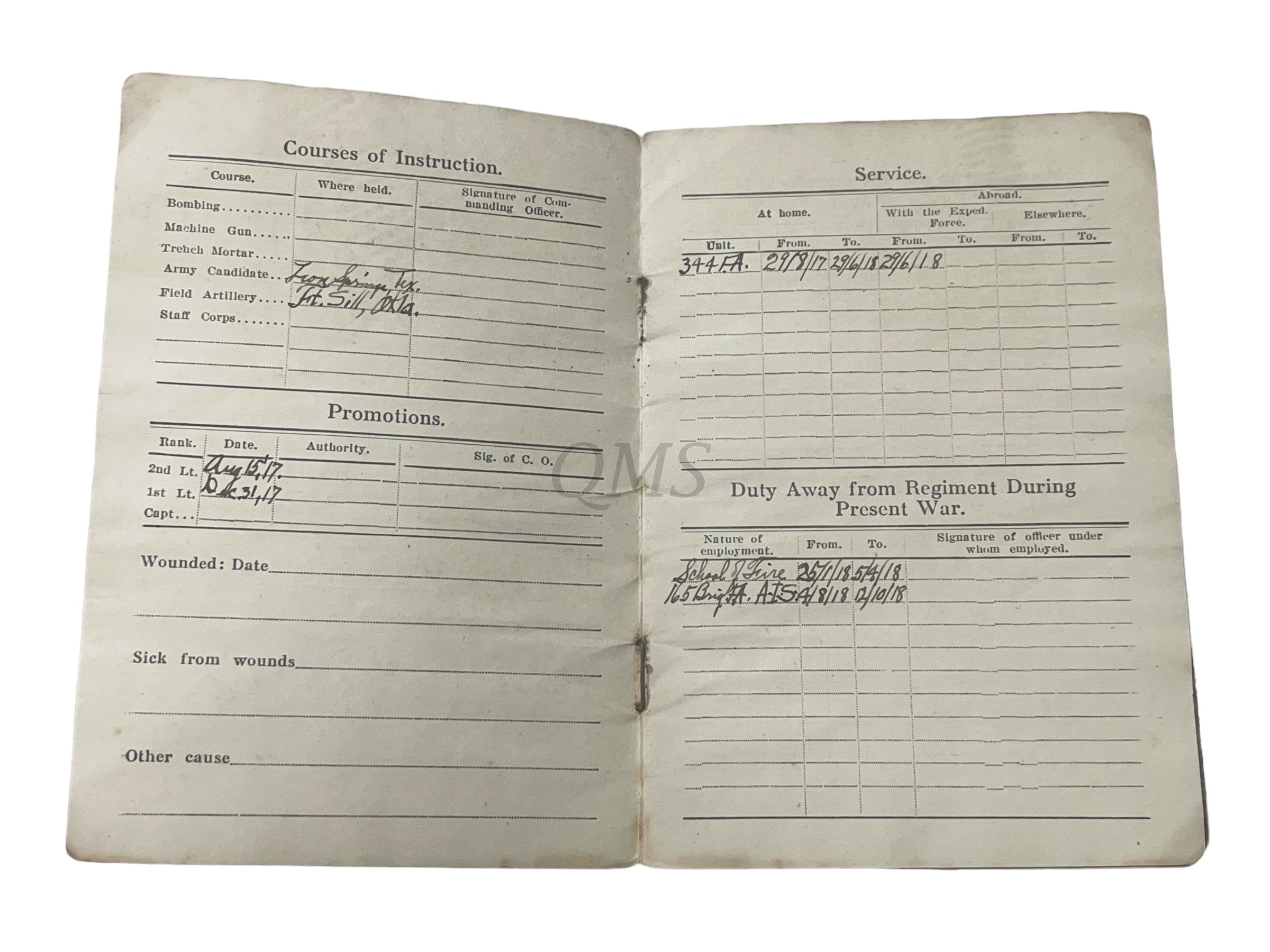 Booklet - US Army WW1 Officers record book